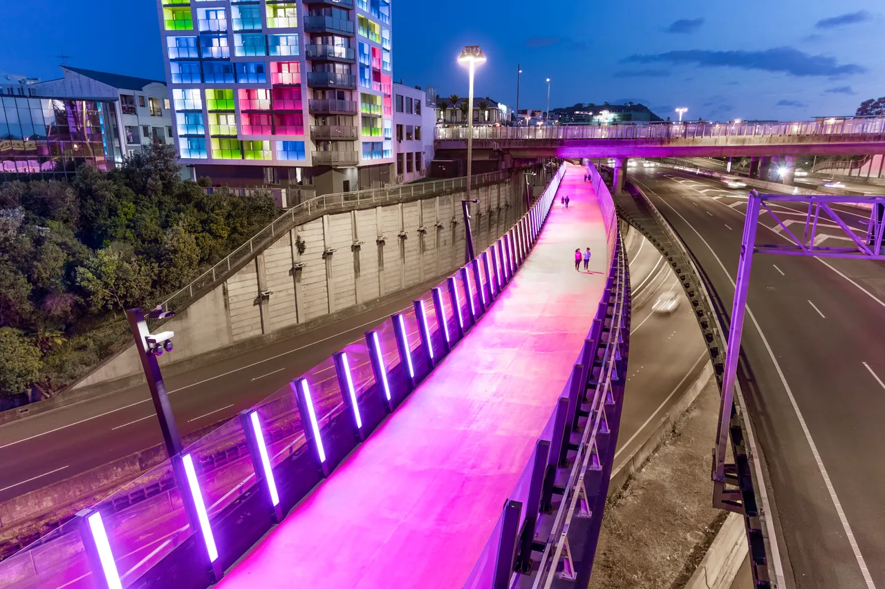 The Lightpath and the Haka Hotel lit up at night